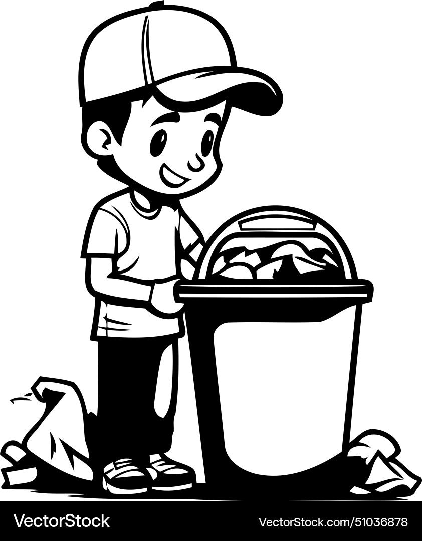 Cartoon boy throwing garbage in the trash can Vector Image