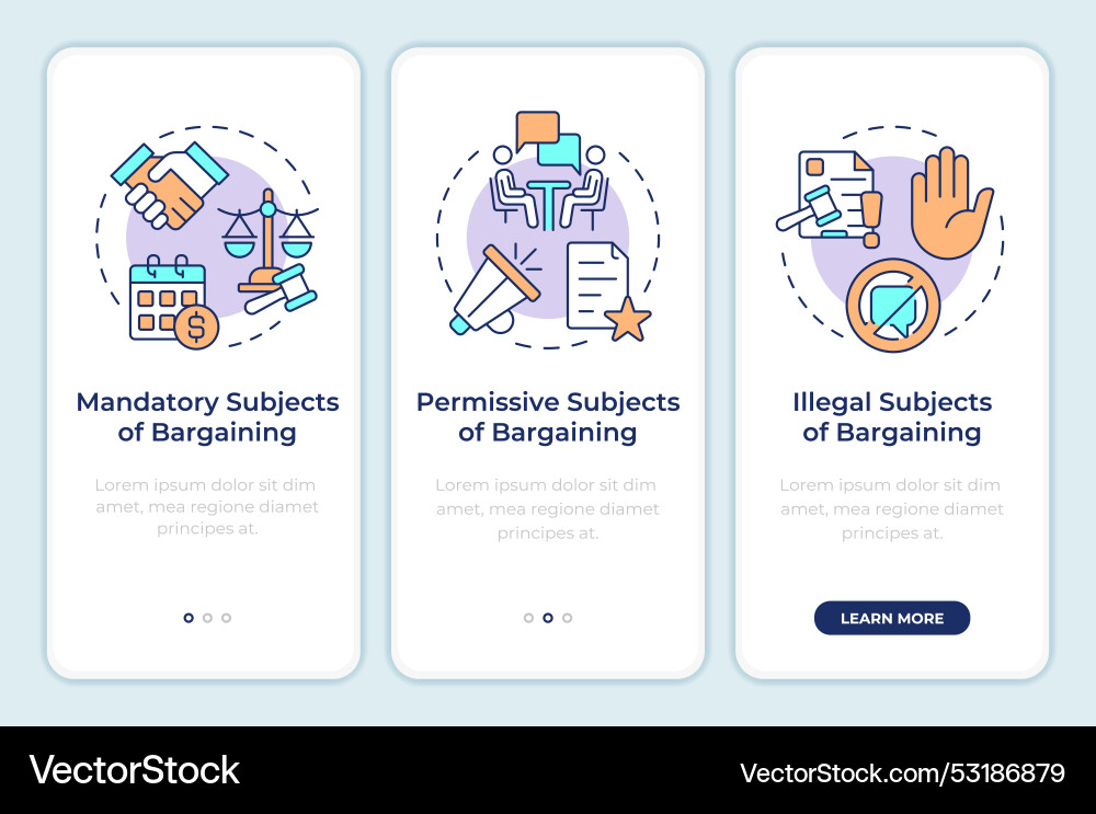 Types of subjects bargaining onboarding mobile Vector Image