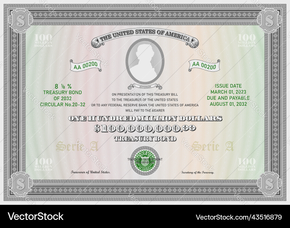Vintage US Treasury Bond - $100M Royalty Free Vector Image