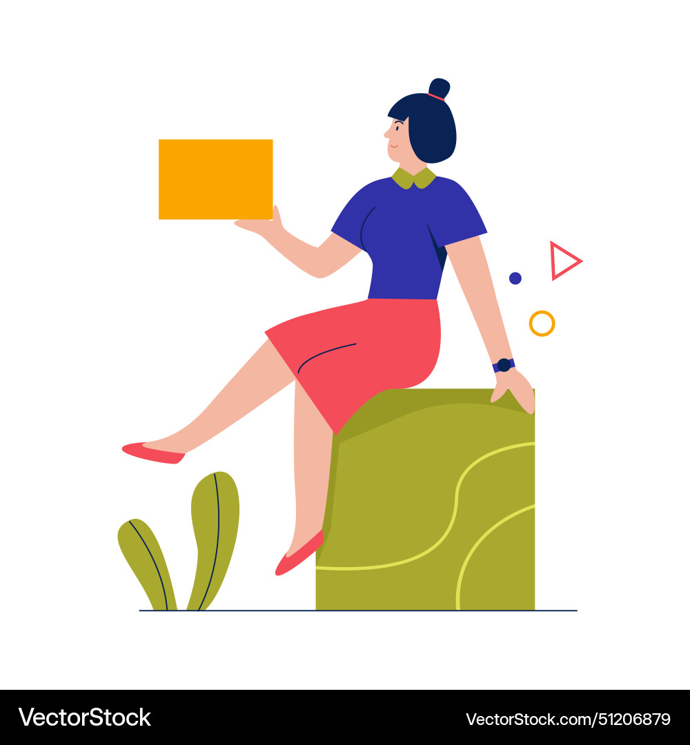 Woman sitting on square shape with lines holding Vector Image