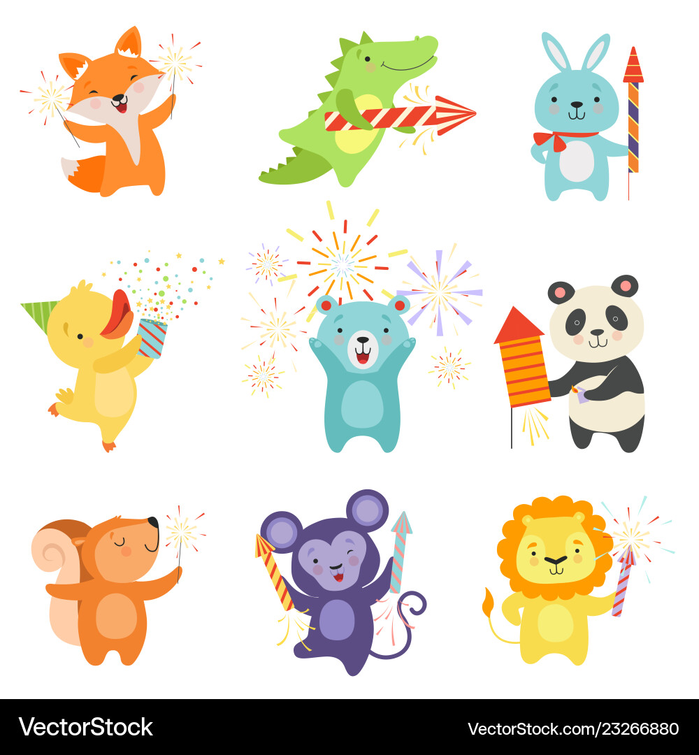 Adorable Party Animals with Fireworks Royalty Free Vector