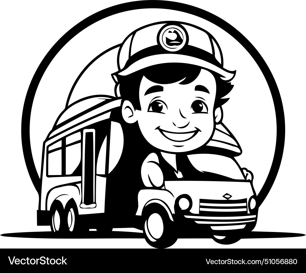 Cute cartoon schoolboy in uniform with bus Vector Image