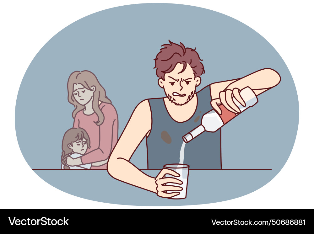 Drinking father sitting at table pours vodka Vector Image