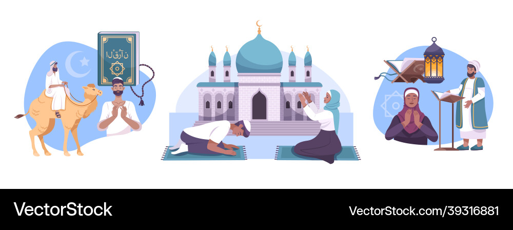 Islam flat compositions set Royalty Free Vector Image