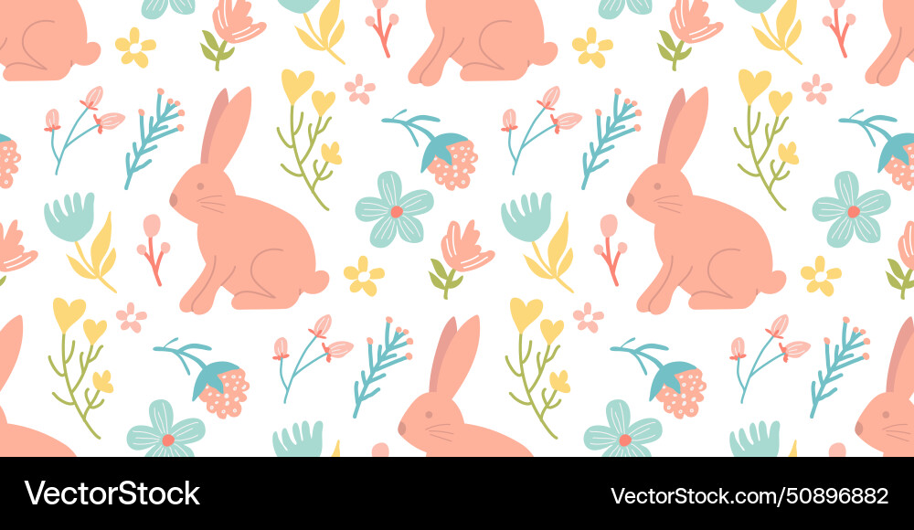 Cute pink rabbits and flowers seamless Royalty Free Vector