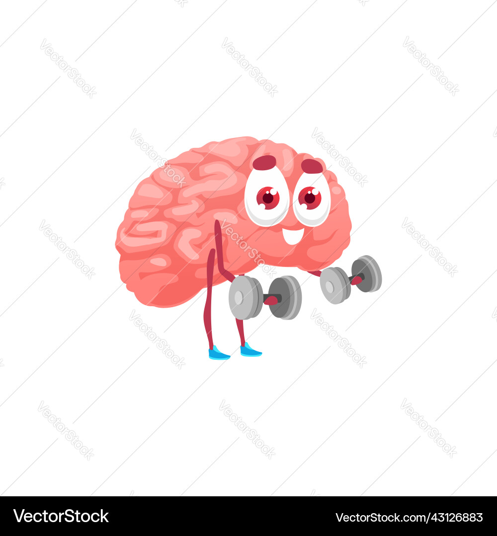 Cartoon brain lifting dumbbells isolated emoticon Vector Image
