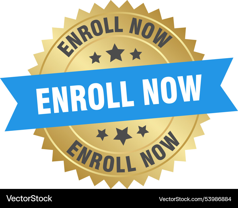 Enroll now round blue and gold label Royalty Free Vector