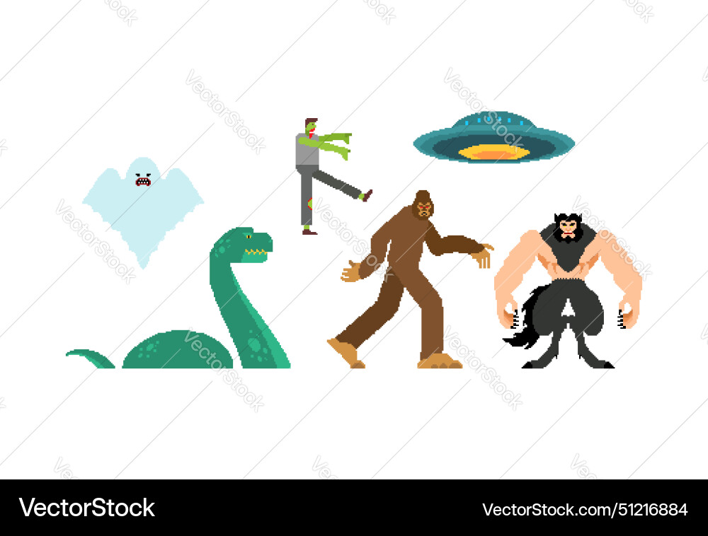 Paranormal pixel art werewolf and zombies 8 bit Vector Image