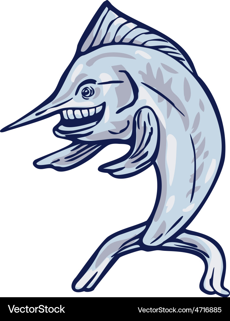 Blue marlin pointing with fins cartoon Royalty Free Vector