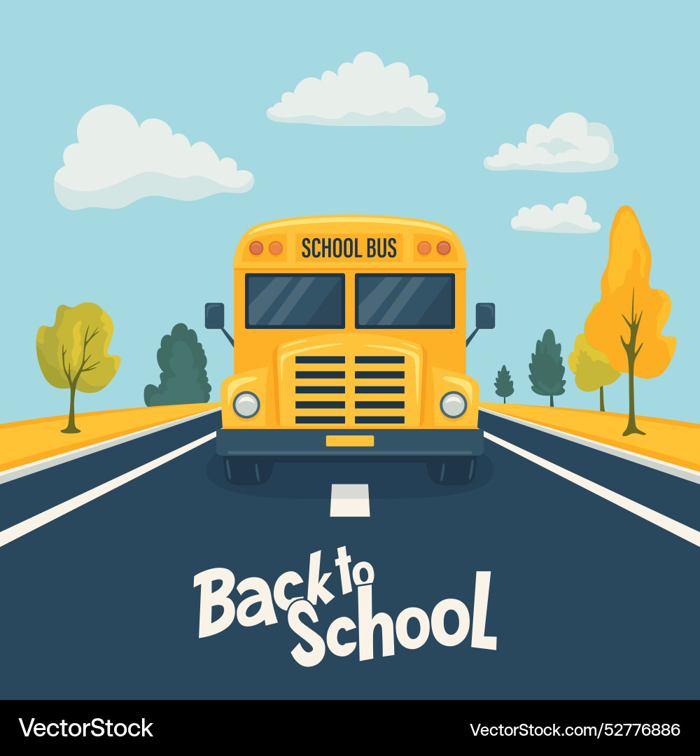 Cartoon school bus driving on road front view Vector Image