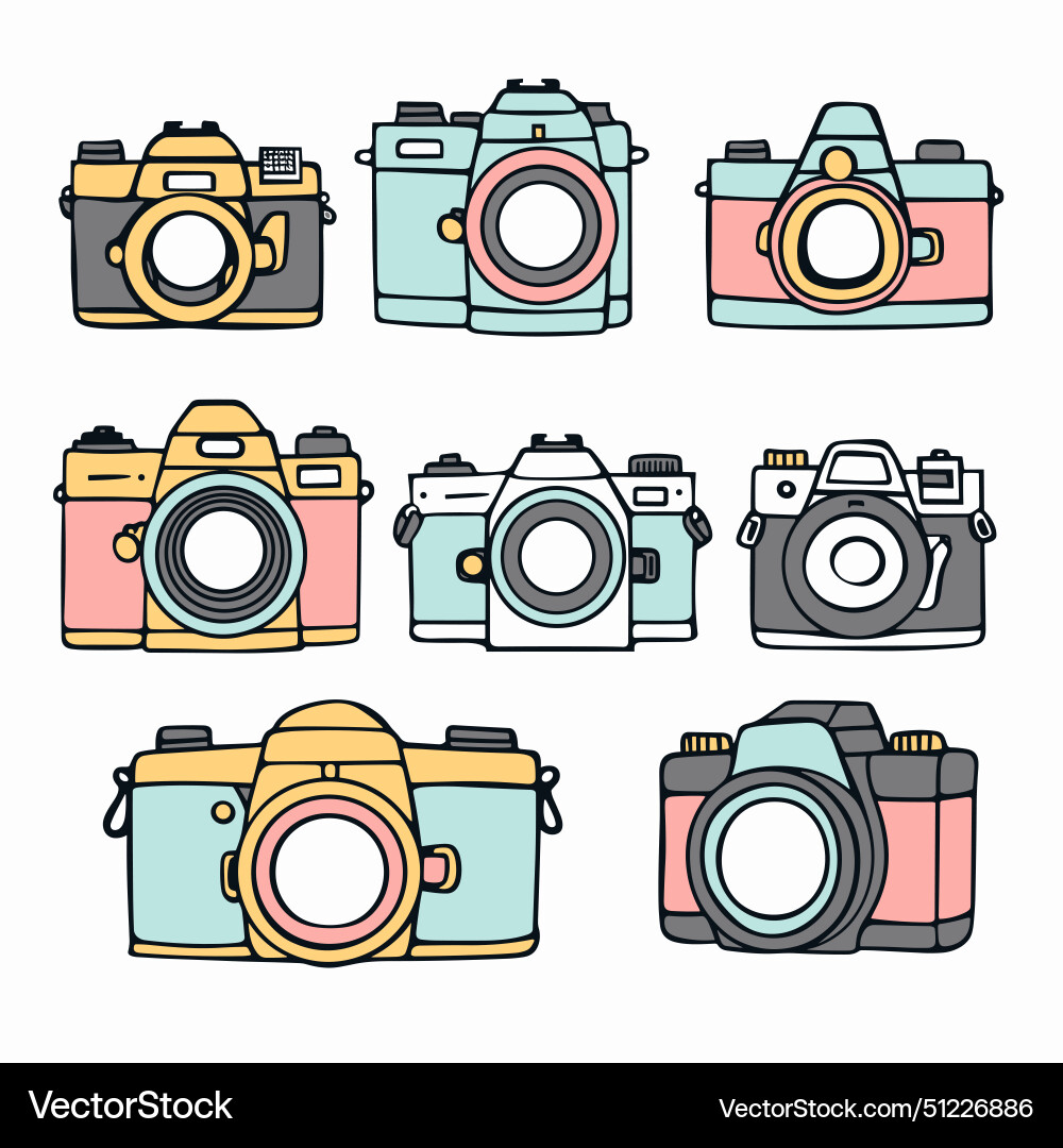 Collection colorful cameras outlined against white