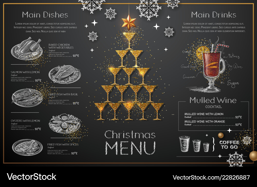 Christmas menu design with golden champagne Vector Image