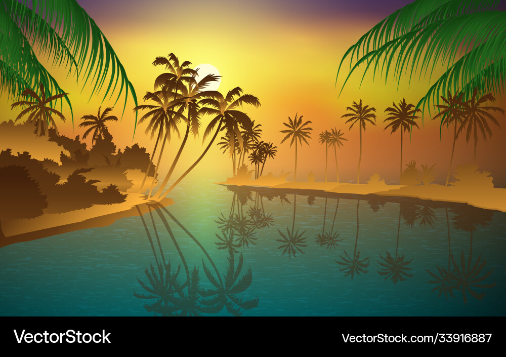 Landscape beach on island in sunset Royalty Free Vector