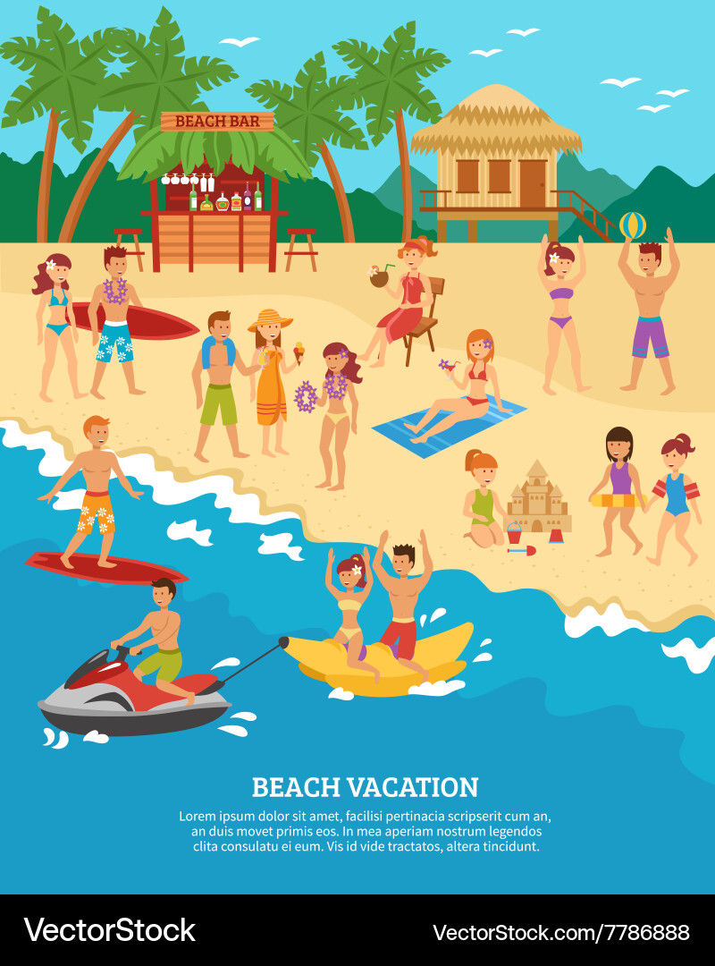Beach scene flat Royalty Free Vector Image - VectorStock