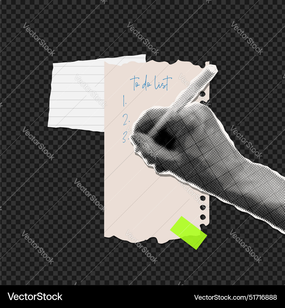 Notebook paper scraps with collage halftone hand Vector Image