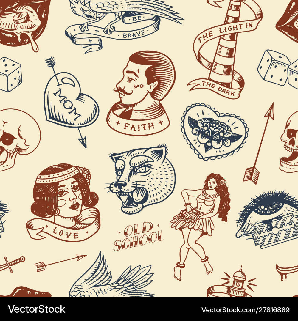 Old School Tattoo Seamless Pattern Hawaiian Hula Vector Image