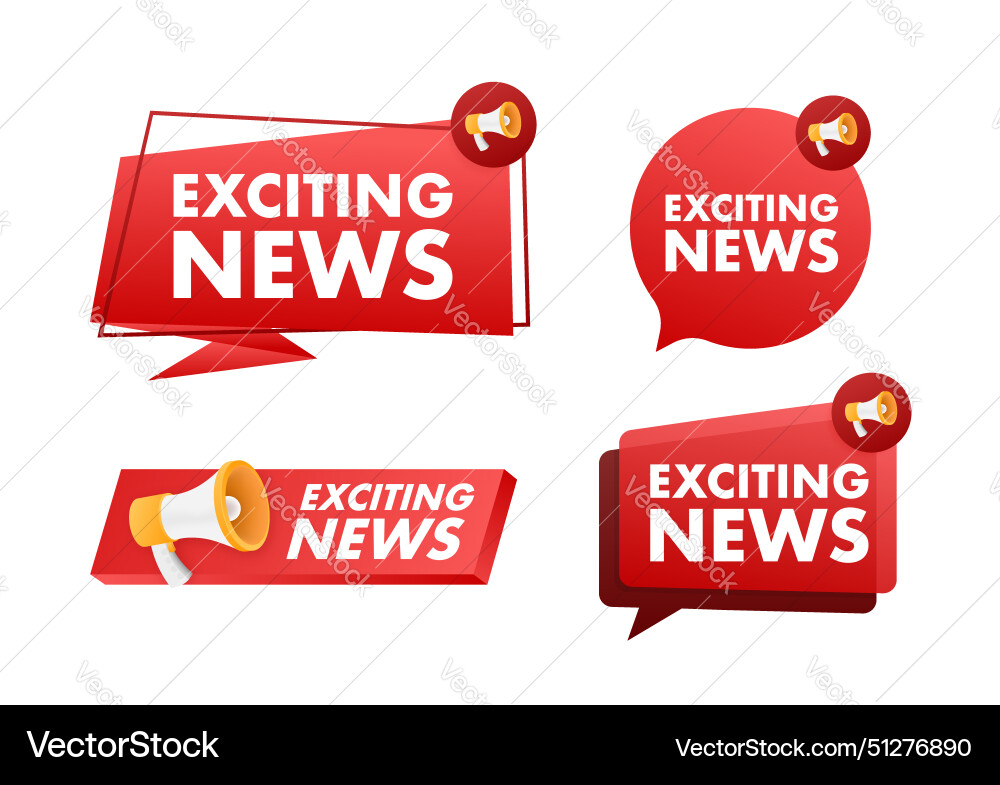 Exciting news text with megaphone label set Vector Image