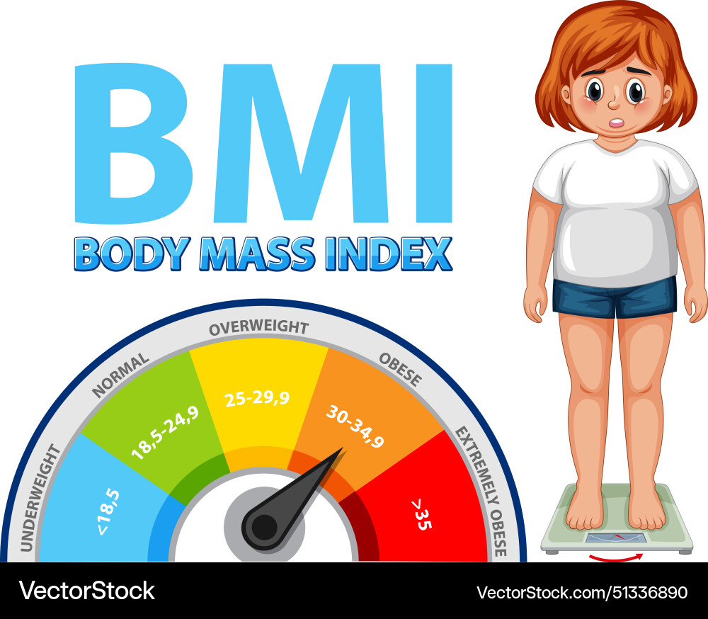 Mädchen stehen auf Skala mit bmi-Chart Lizenzfreier Vektor