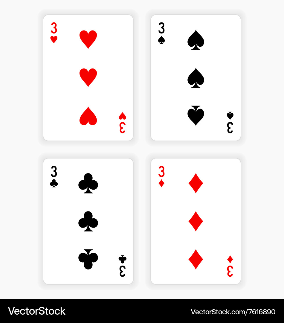 Playing cards showing threes from each suit Vector Image