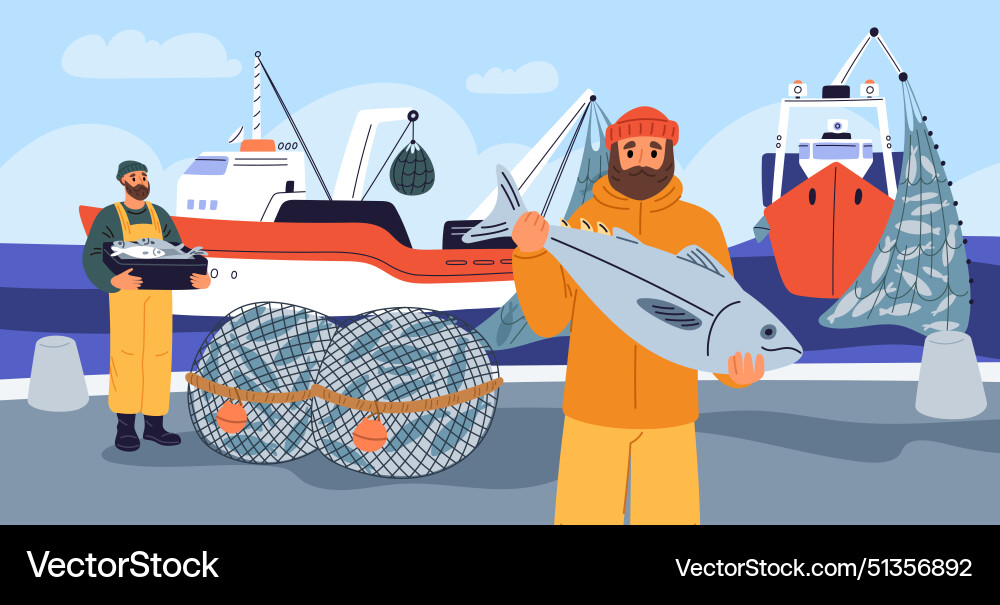 Fishing industry elements fishermen on ship brag Vector Image