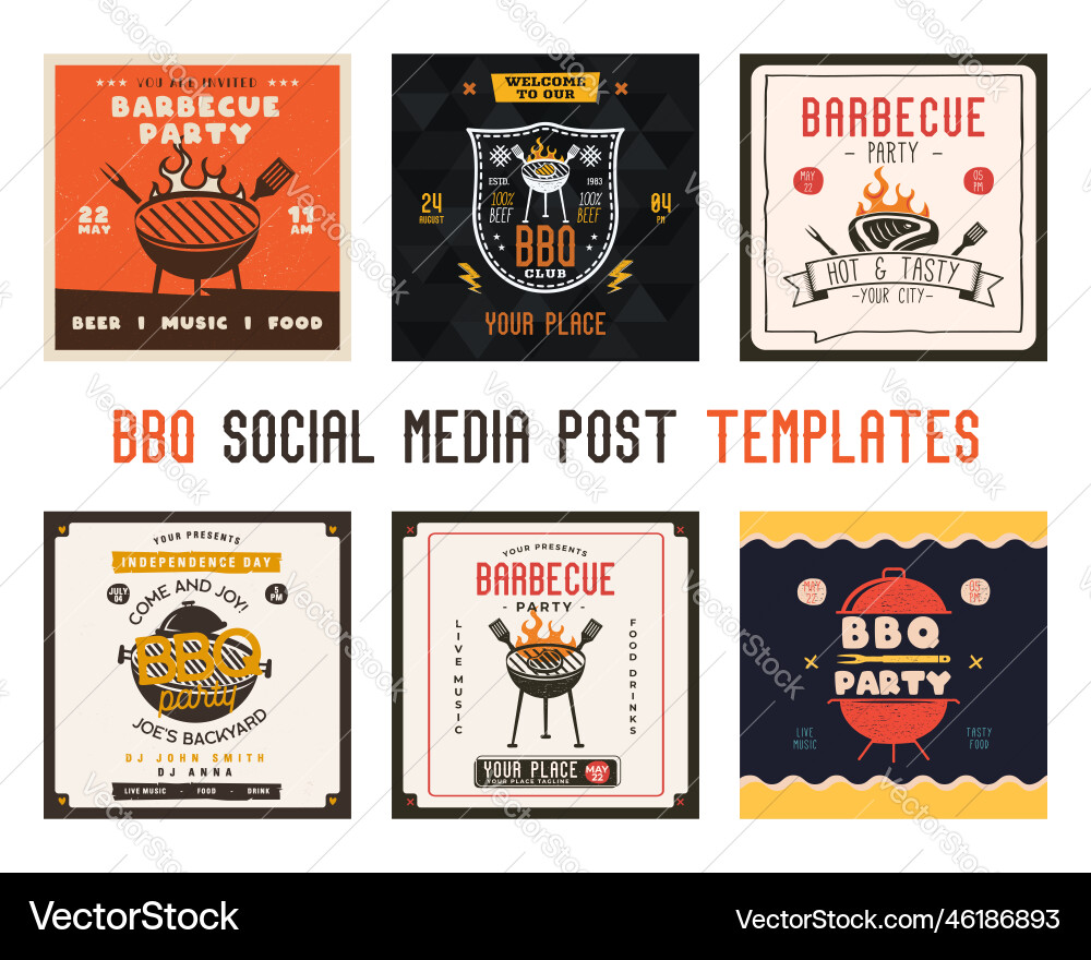 Retro bbq party card templates set grill Vector Image