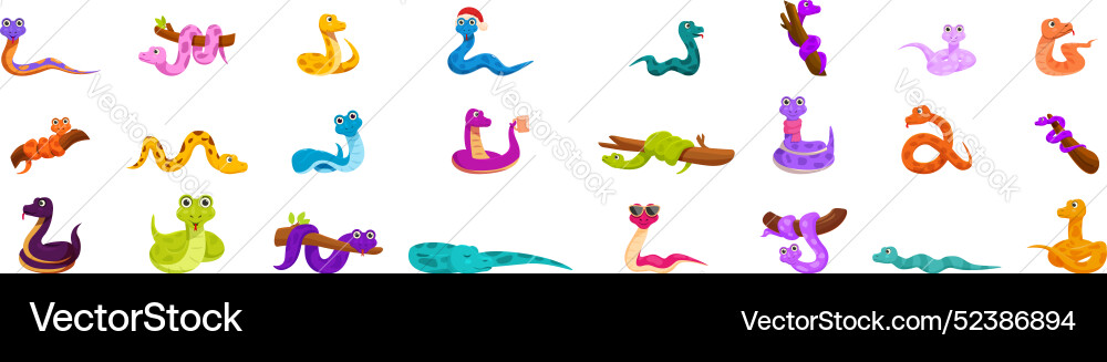Cute funny snakes icons set colorful Royalty Free Vector