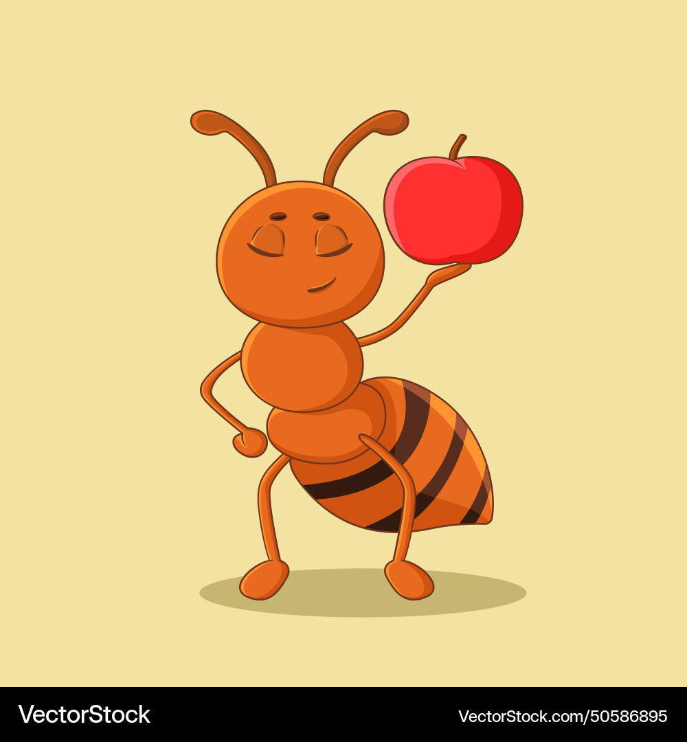 Cute ant lifting apple Royalty Free Vector Image