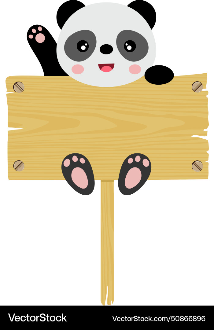 Cute panda hanging on an empty wooden board Vector Image