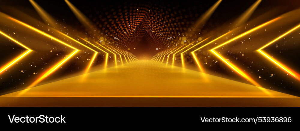Gold stage runway with neon arrow and spotlight Vector Image