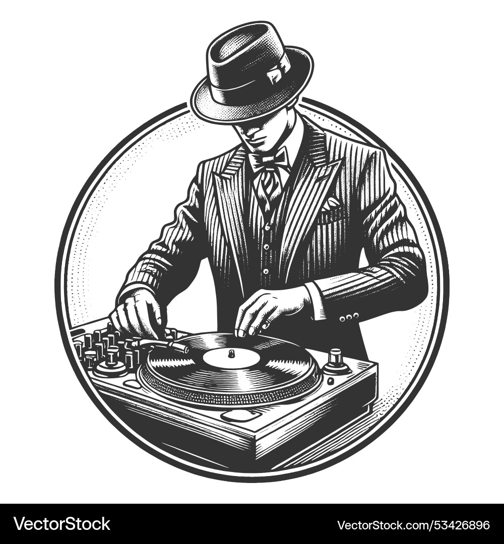 Vintage dj in suit with turntable Royalty Free Vector Image
