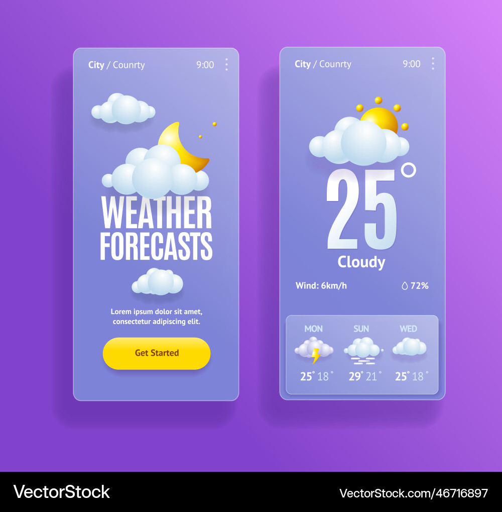 3D Weather App UI Kit - Plasticine Style Vector Image
