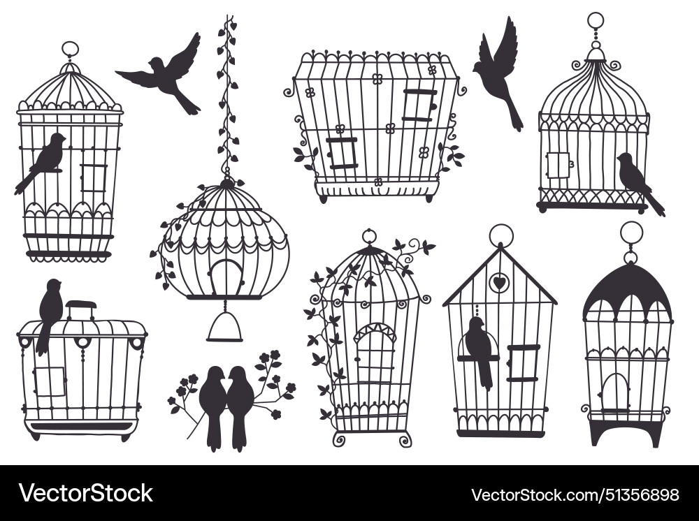 Cages and birds black hand drawn silhouettes Vector Image