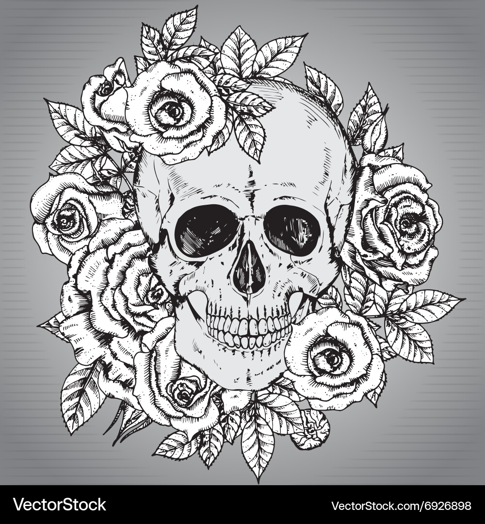 With hand drawn human skull rose flower Royalty Free Vector