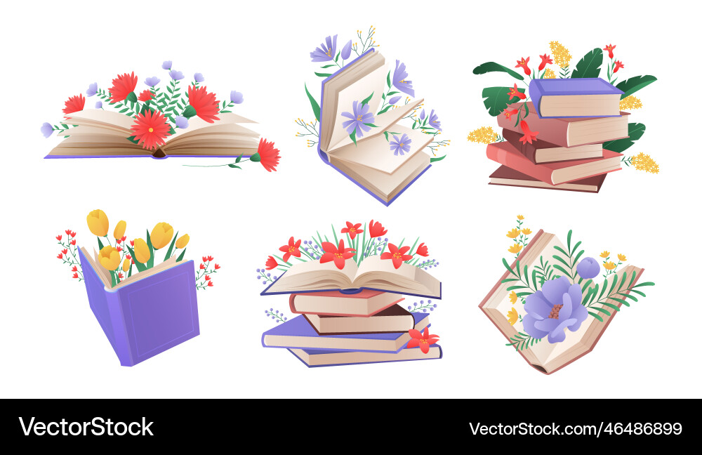Books with spring and summer flowers set pile Vector Image