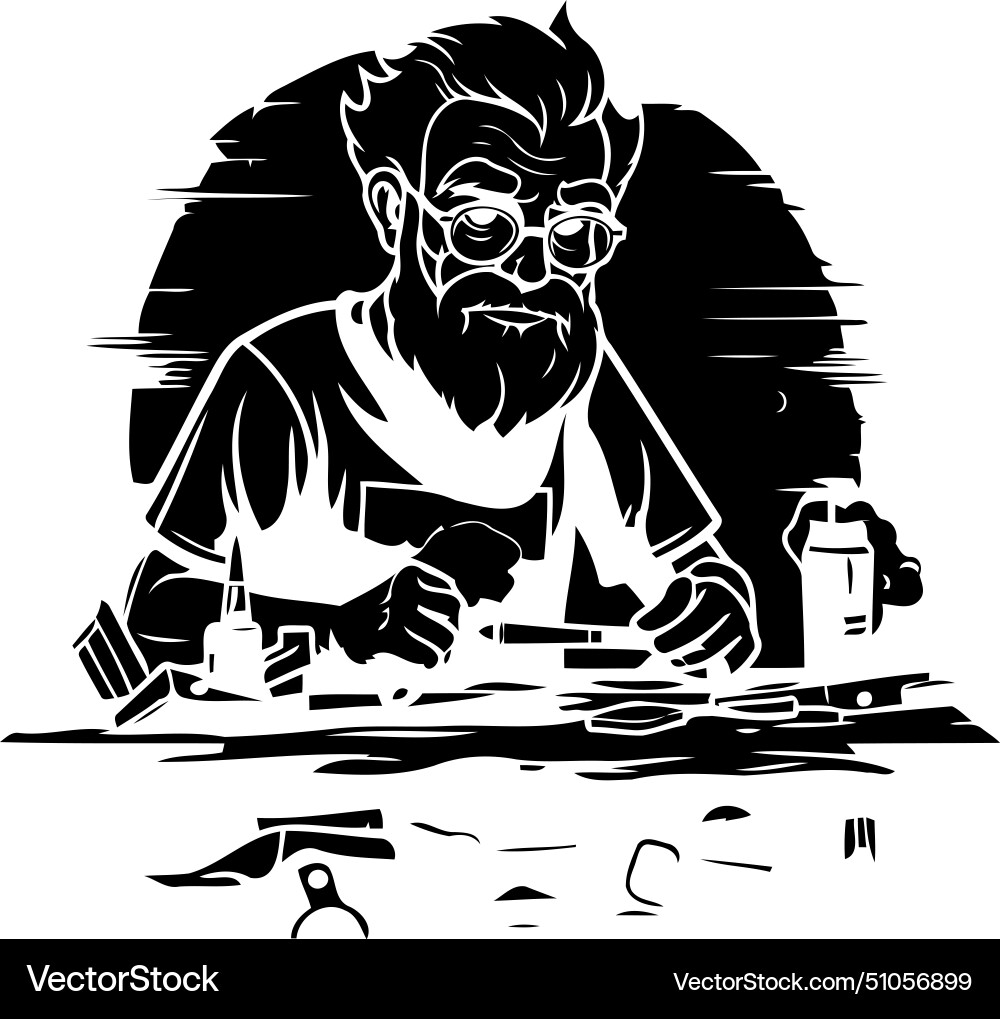 Old man working in the carpentry workshop Vector Image