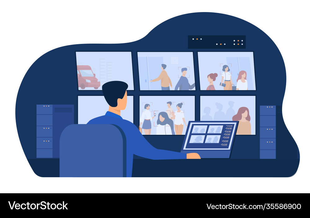 Guard service man sitting at control panel Vector Image
