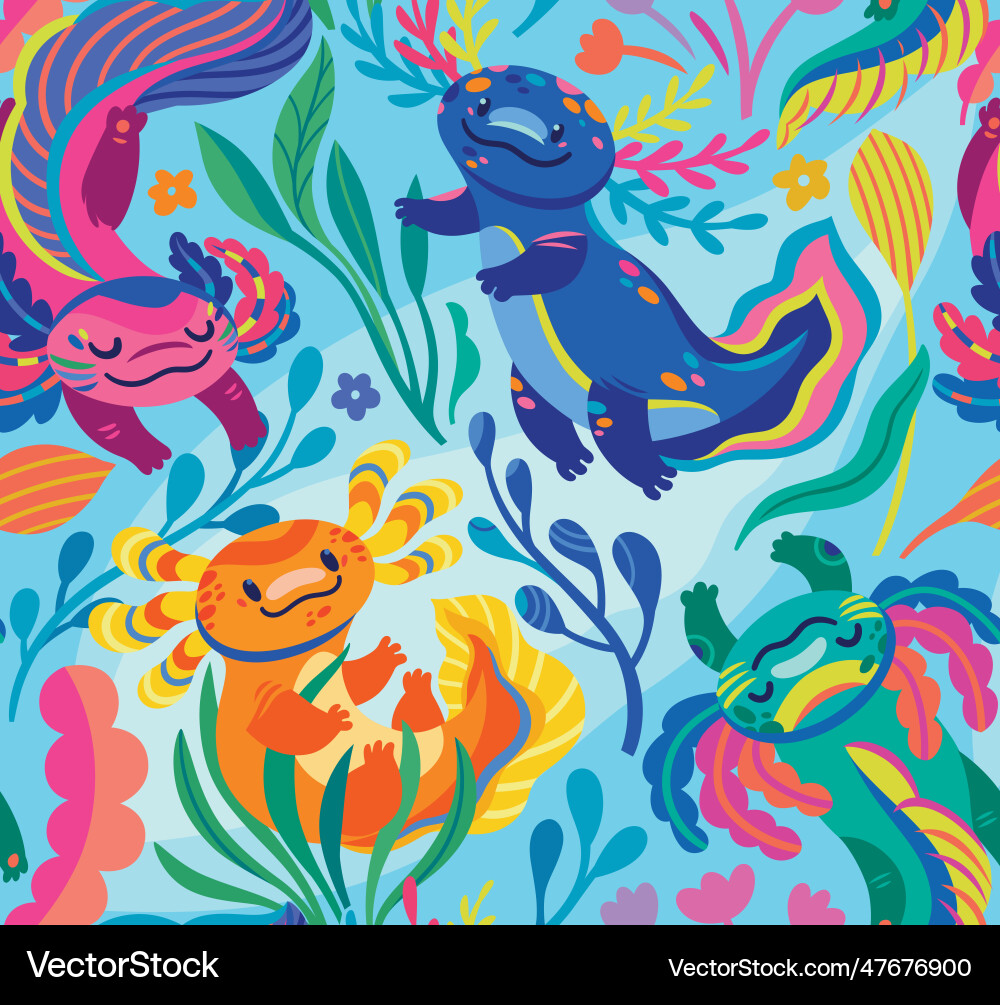 Seamless pattern with cute cartoon axolotls Vector Image