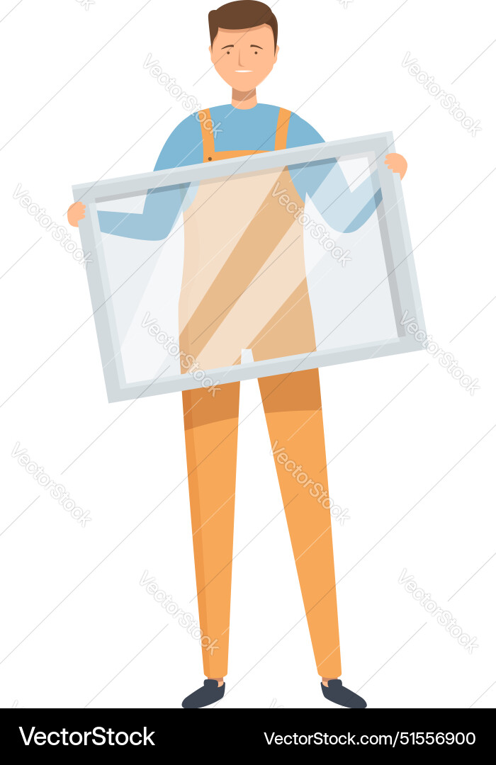 Smiling glazier holding a window pane home Vector Image