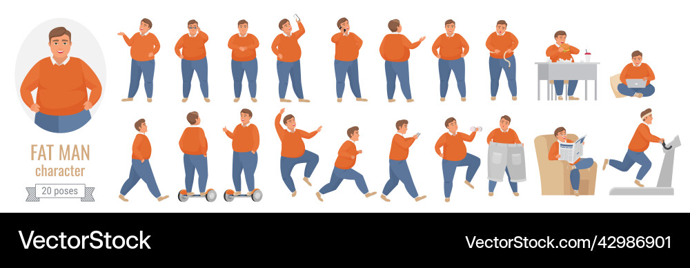 Fat man poses set Royalty Free Vector Image - VectorStock