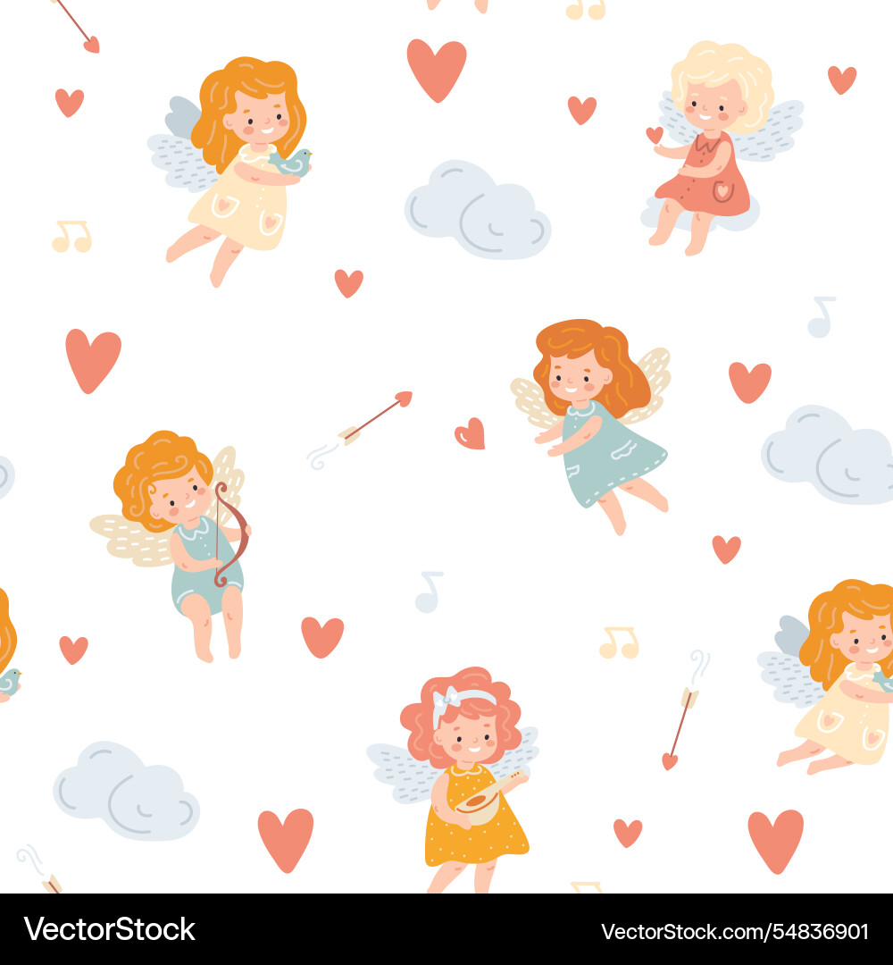 Seamless pattern with cute cartoon angels Vector Image