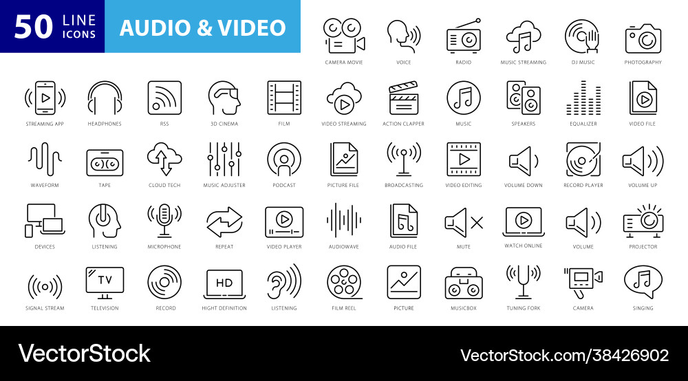 Audio video icons pack thin line set flat Vector Image