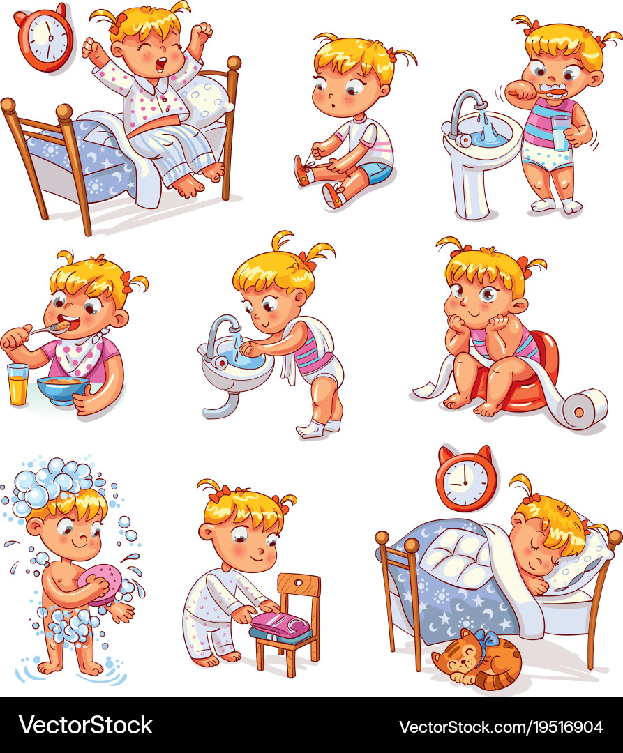 Cartoon kid daily routine activities set Vector Image