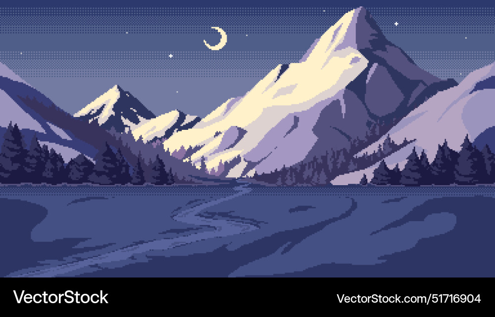 Pixel art snowy mountain background at night path Vector Image