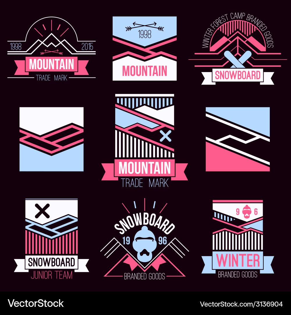 Snowboard and mountains emblems Royalty Free Vector Image