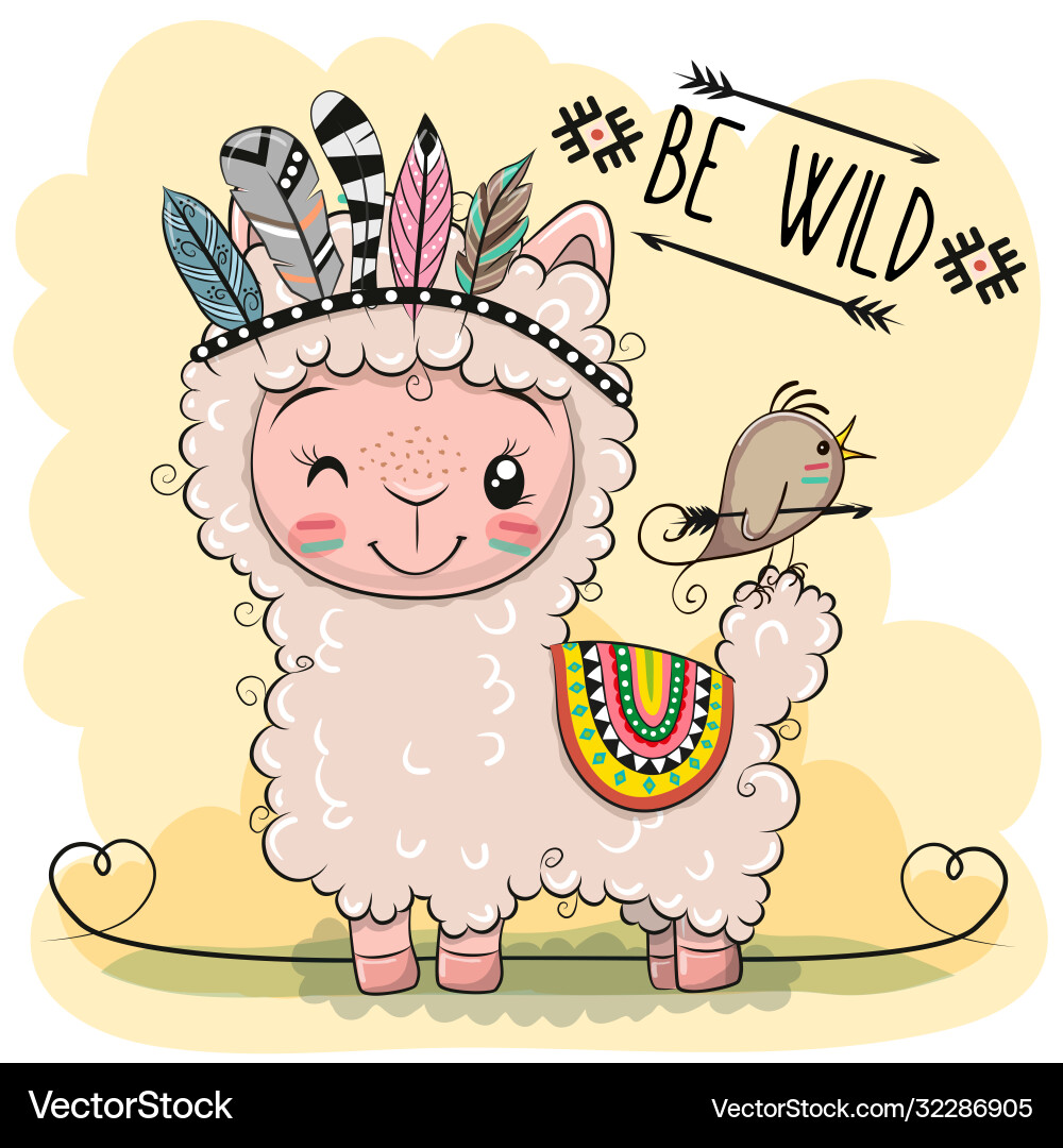 Cartoon alpaca with feathers on a blue background Vector Image