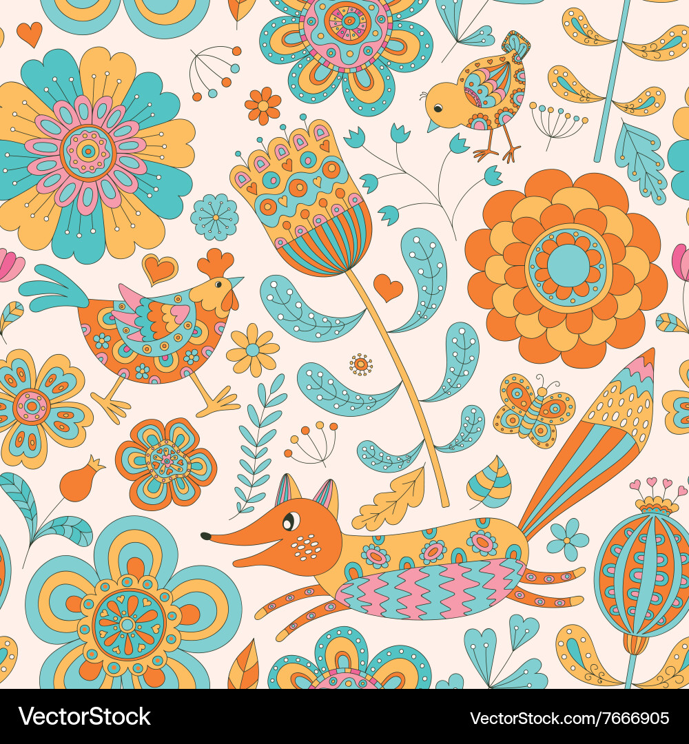 Floral Animal Pattern with Foxes and Birds Vector Image