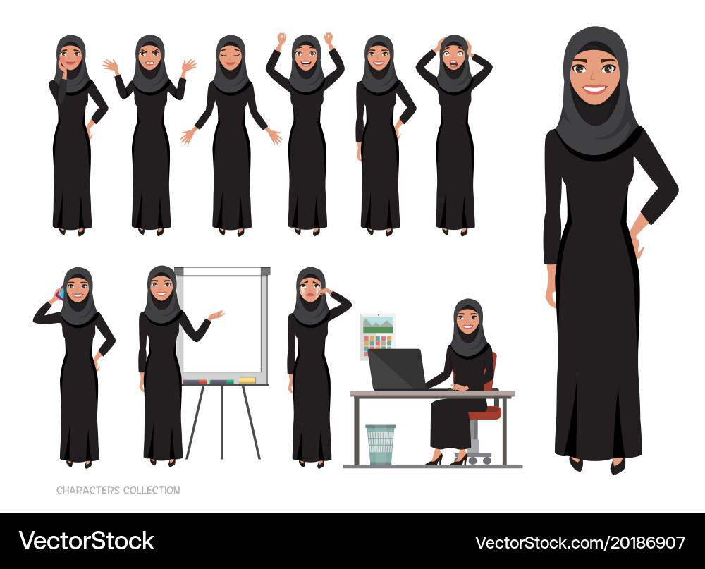 Arab Women Character Set - Diverse Emotions Vector Image