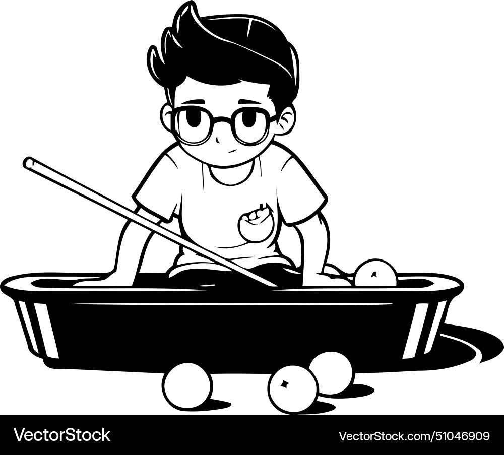 Cartoon boy playing billiards in a boat Royalty Free Vector