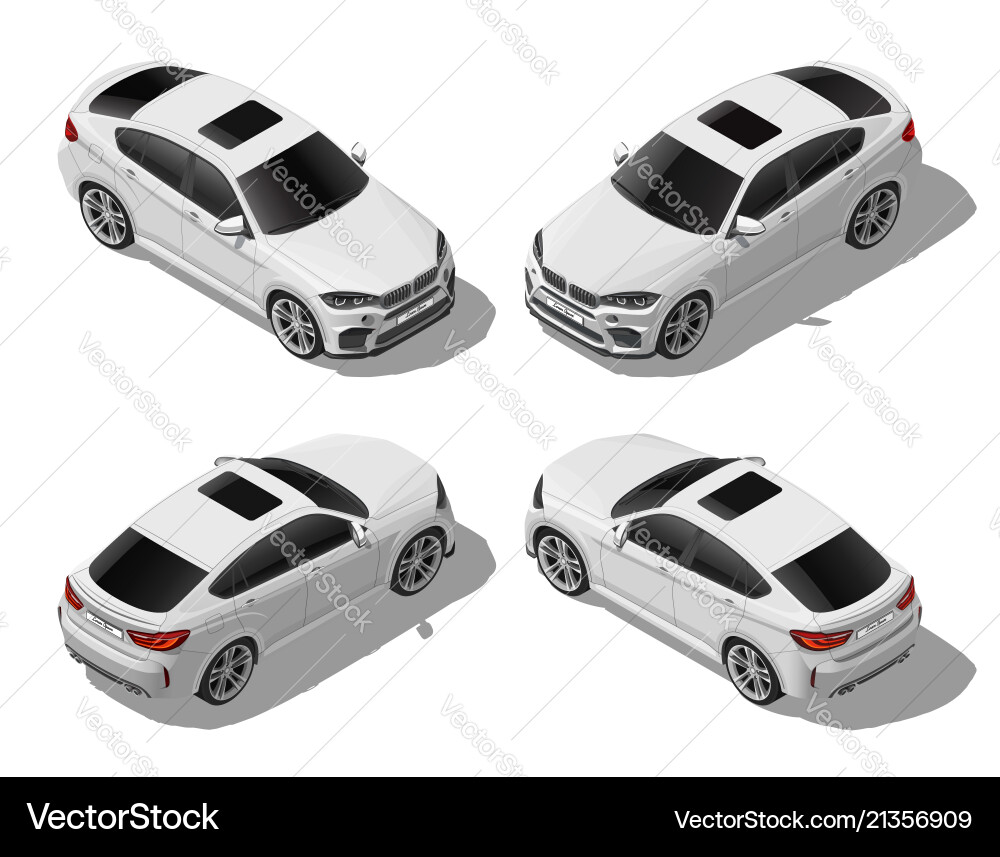 Isometric white off-road car set different sides Vector Image