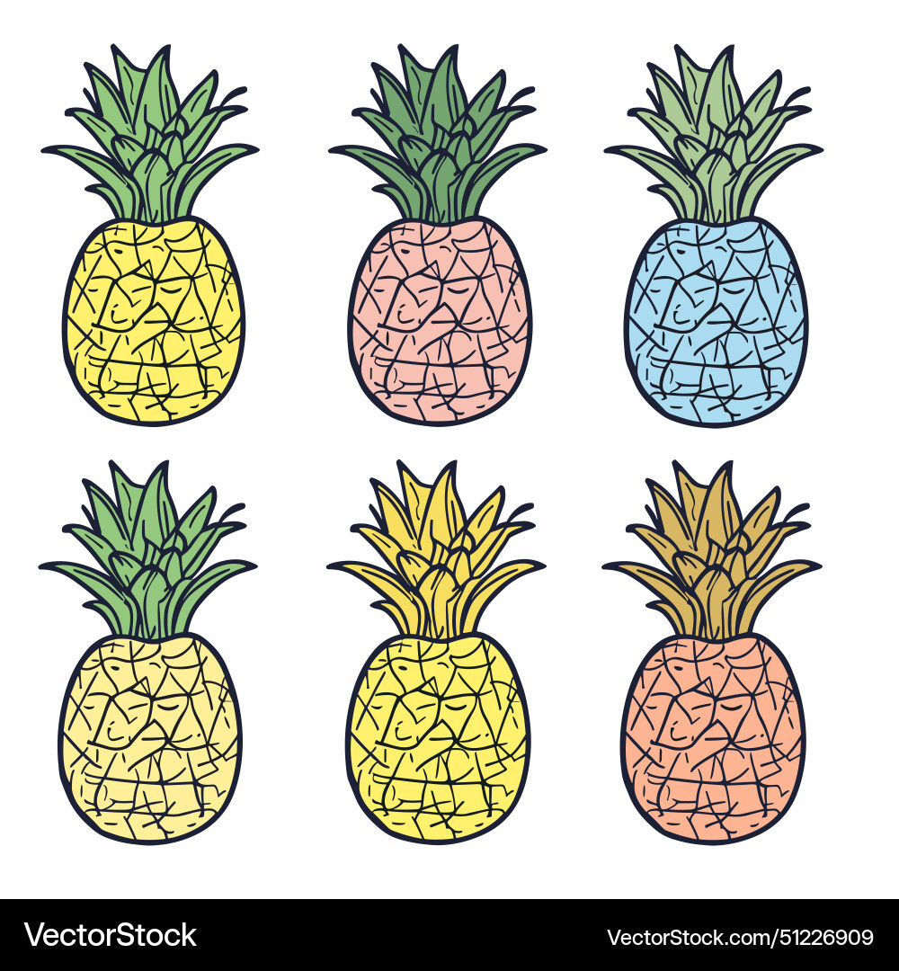Six colorful pineapple drawings arranged two rows Vector Image